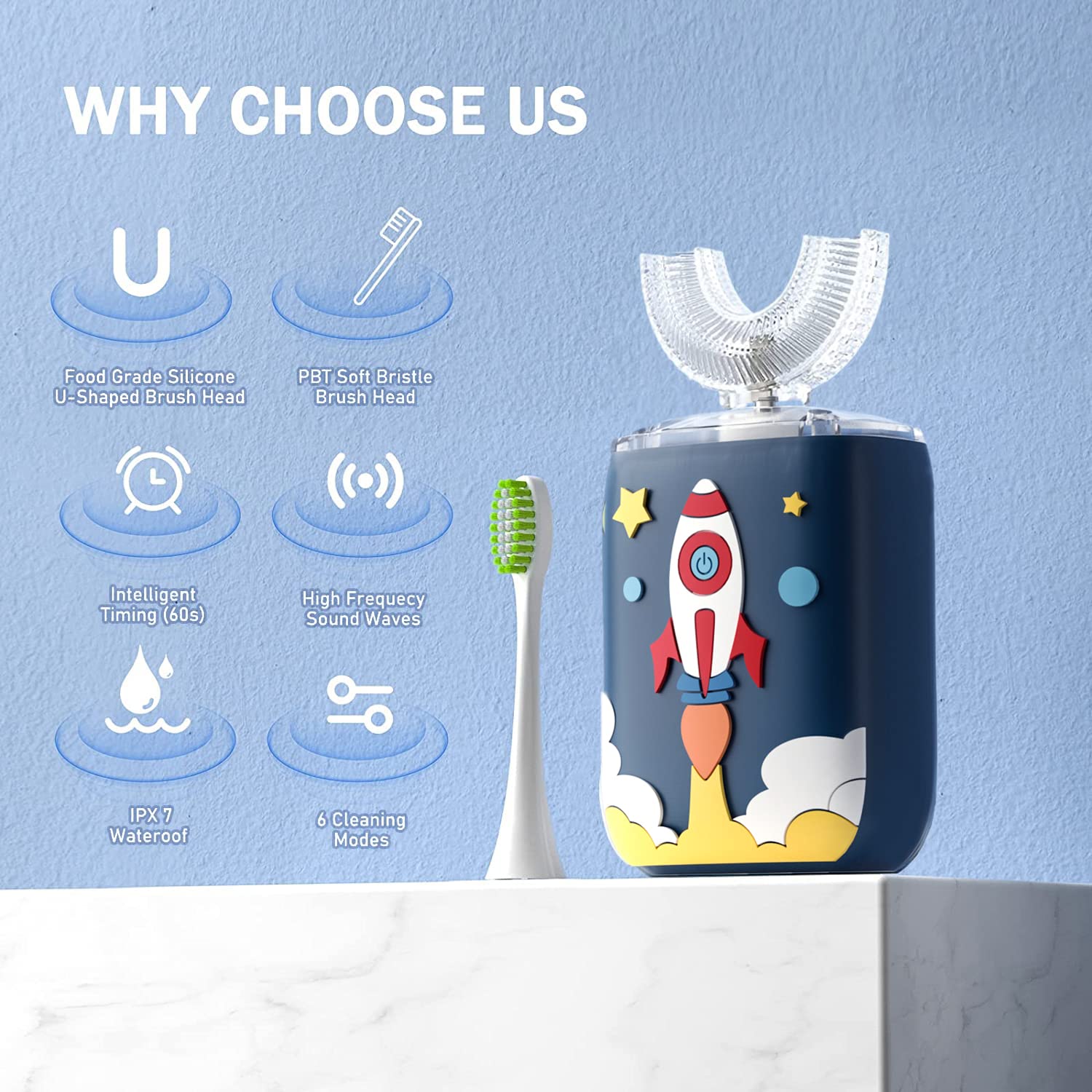 ELOTAME Kids U Shaped Electric Toothbrush with 4 Brush Heads, Cartoon Sonic Automatic Toothbrush with 6 Cleaning Modes, 360-Degree Cleaning, IPX7 Waterproof (8-15 Age Rocket)