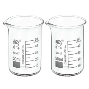 patikil 50ml tall form glass beaker, 2 pack 3.3 borosilicate glass graduated printed scale measuring cups with spout for kitchen lab liquids transit boiling