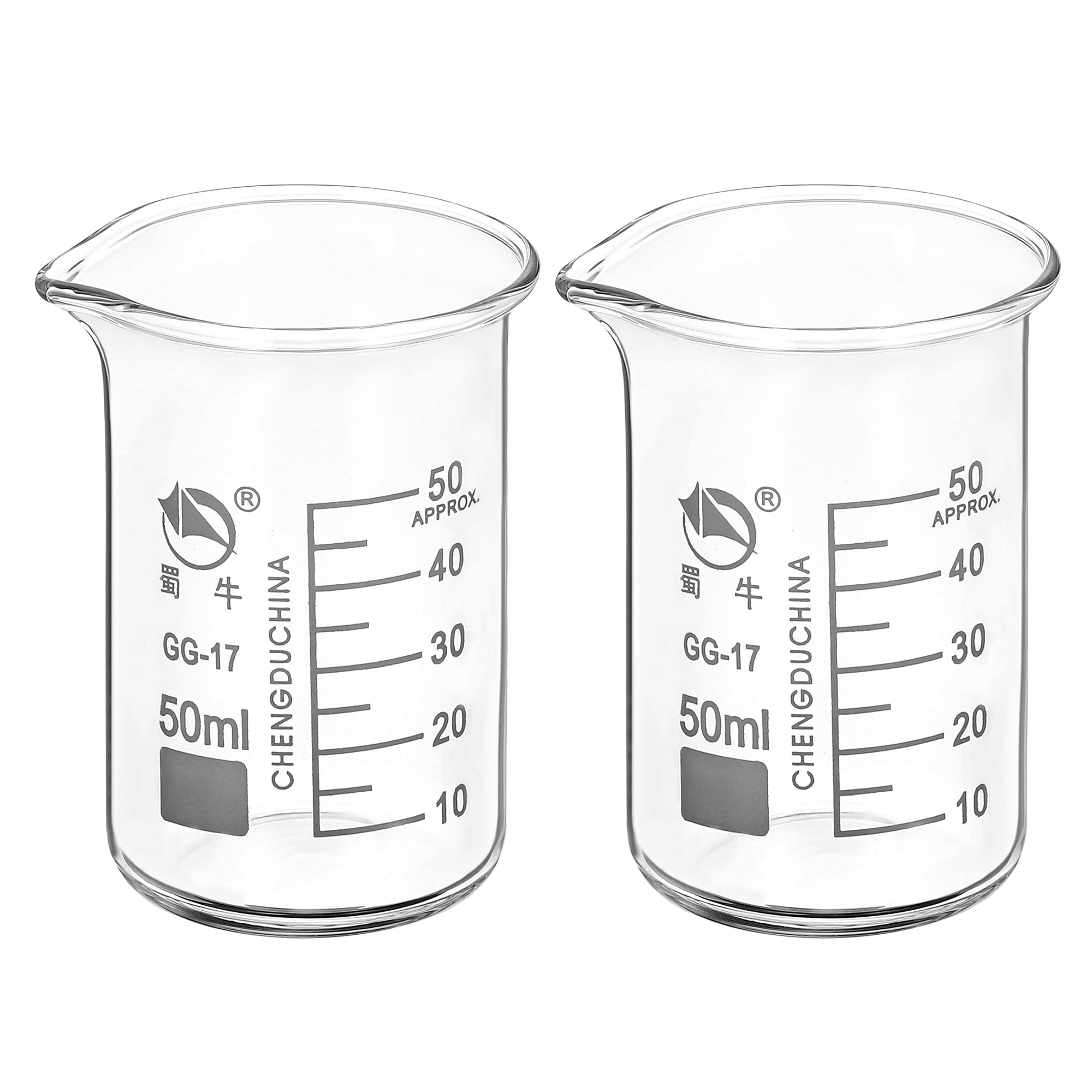 PATIKIL 50ml Tall Form Glass Beaker, 2 Pack 3.3 Borosilicate Glass Graduated Printed Scale Measuring Cups with Spout for Kitchen Lab Liquids Transit Boiling