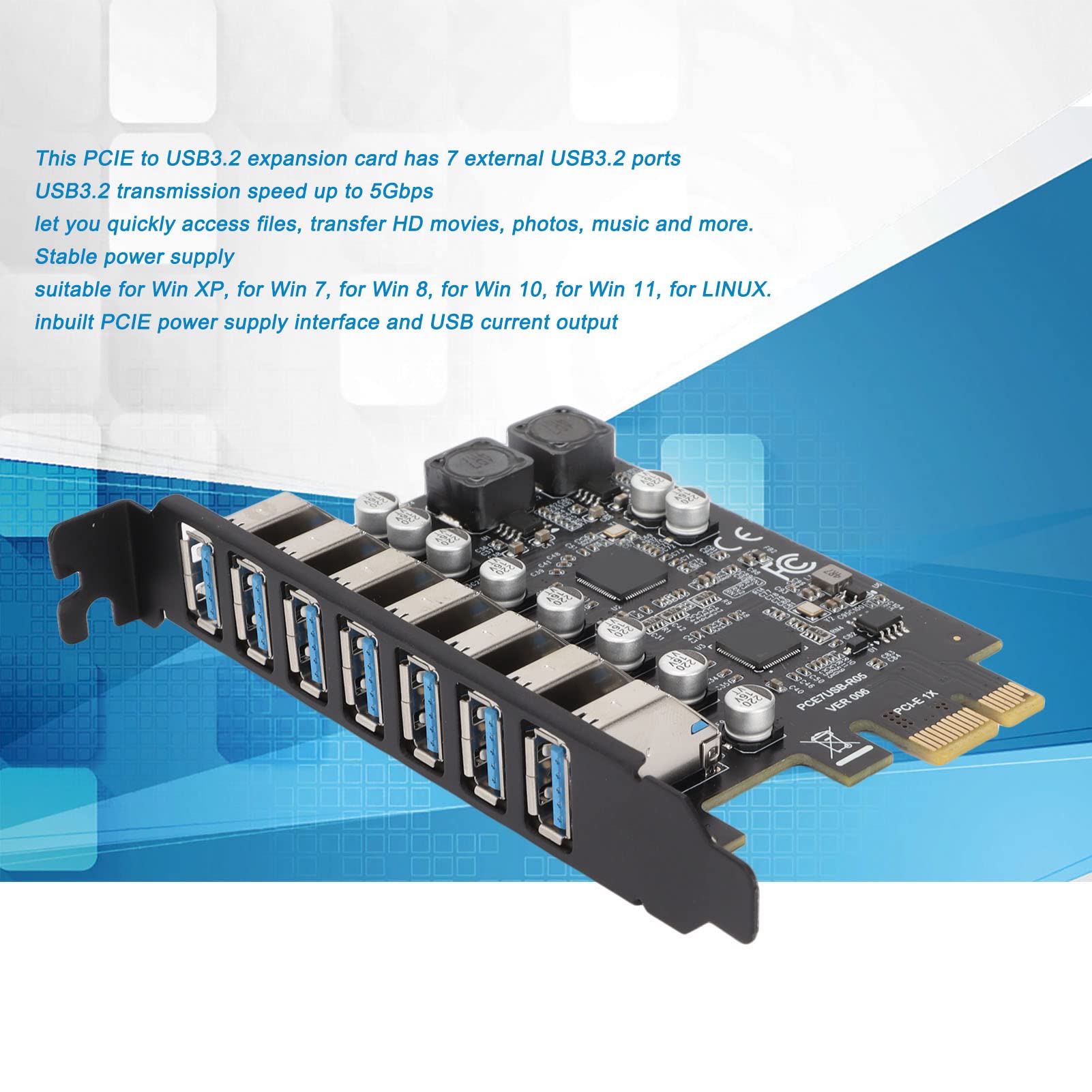 7 Ports PCIE to USB3.2 GEN1 Expansion Card, USB3.2 GEN1 Superspeed 5Gbps Front Expansion Card, USB PCIE Expansion Card for XP Win7 8 10 11 Linux