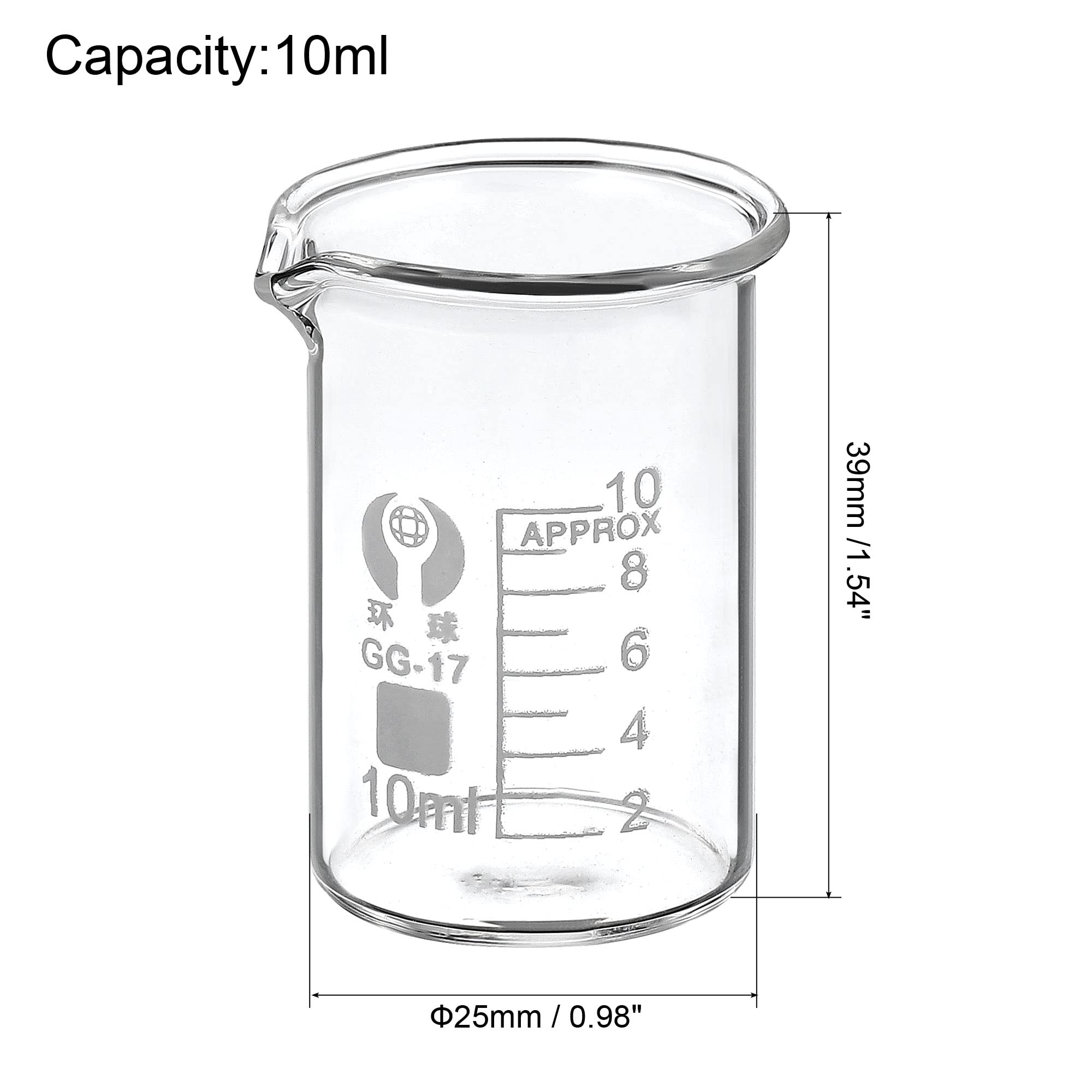 PATIKIL 10ml Low Form Glass Beaker, 2 Pack 3.3 Borosilicate Glass Graduated Printed Scale Measuring Cups with Spout for Kitchen Lab Liquids Transit Boiling