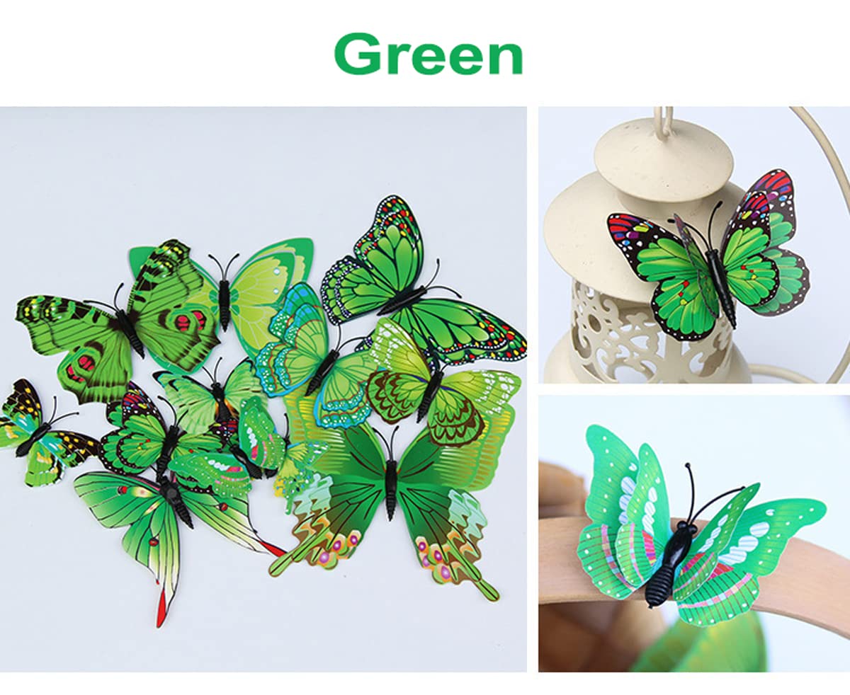 3D Butterfly Wall Decor 24 Pcs 2-Layers Butterfly Birthday Decorations Butterflies Crafts Stickers for Party Wedding DIY Cake Art Flower Decor (Green)