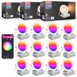 lumary smart recessed lighting 4 inch canless led recessed lights 9w 780lm color changing led downlight wi-fi bluetooth soffit lights with j-box work with alexa/google assistant (4 inch, 12 pack)