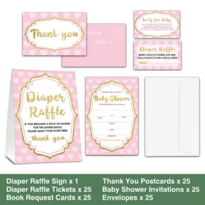 Baby Shower Cards Kit,A Little Princess Set of 25 Baby Shower Invitations with Envelopes, Book Request Cards for Baby Shower,Pink & Gold Baby Shower Party Favor Decoration(12)