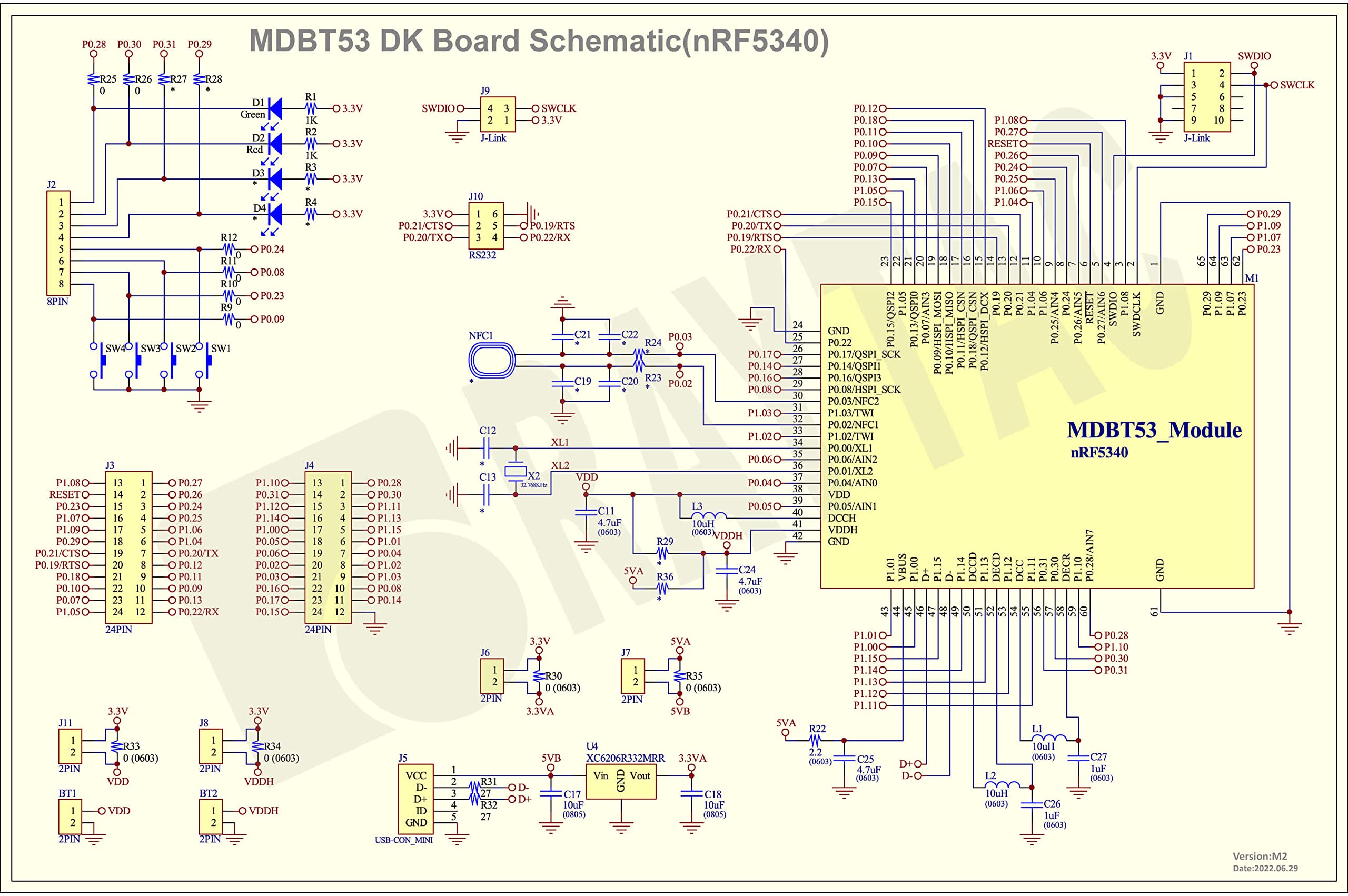 MDBT53-DB Nordic nRF5340 Module Demo Board Dev Kit 48 GPIO Bluetooth Module BT5.2 FCC IC CE Telec KC SRRC (Chip Antenna)