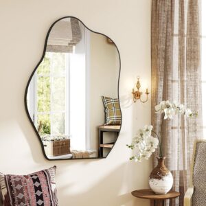 beautypeak asymmetrical mirror, 24 x 32 inches irregular wall mirror, wood frame unique shape wall mounted vanity mirror, decorative for living room bedroom entryway hallway