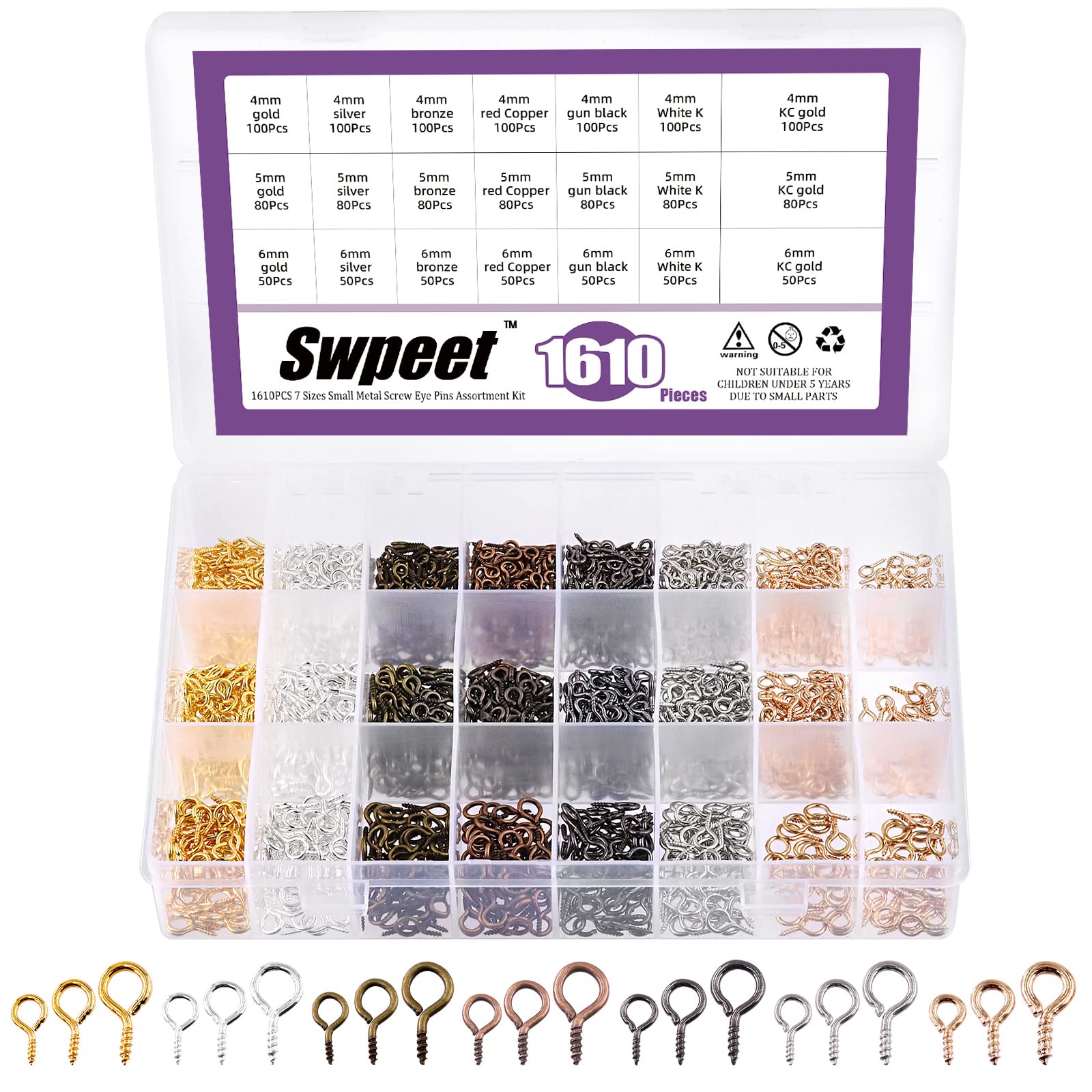 Swpeet 1610Pcs 0.16 Inch 0.2 Inch 0.24 Inch 3 Sizes Screw Eye Pins Metal Screw-in Eye Bolts Screw Eyes Hooks Kit, Small Screw Pins Mini Metal Eye Screw crew Eyes Hooks Self-Tapping Screws Hooks