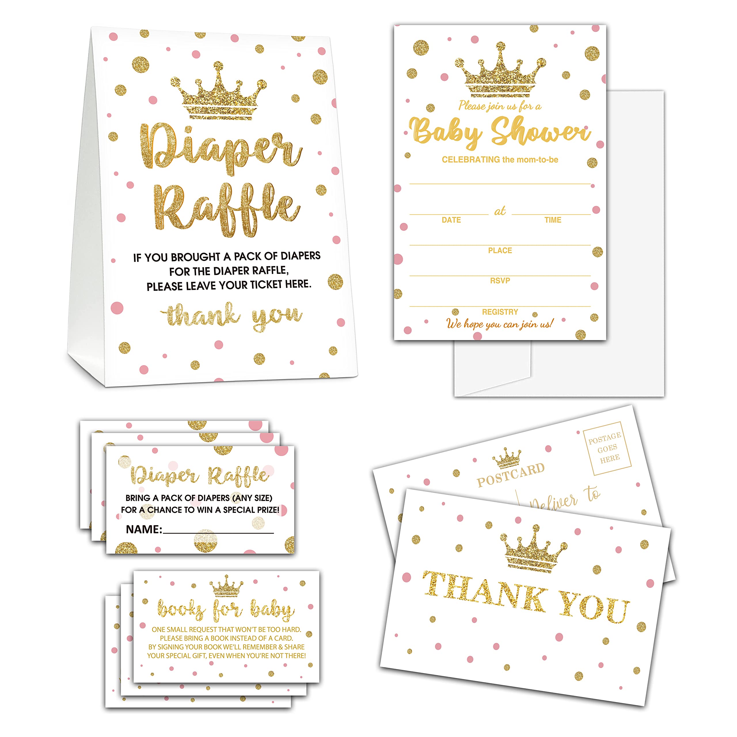 Baby Shower Cards Kit,A Little Princess Set of 25 Baby Shower Invitations with Envelopes, Book Request Cards for Baby Shower,Pink & Gold Baby Shower Party Favor Decoration(11)