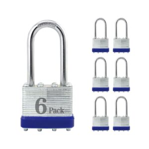 zonro locks laminated steel keyed padlocks keyed alike locks, long shackle padlocks, for hasp latch, sheds, fences, storage locker, school, gym，pack of 6