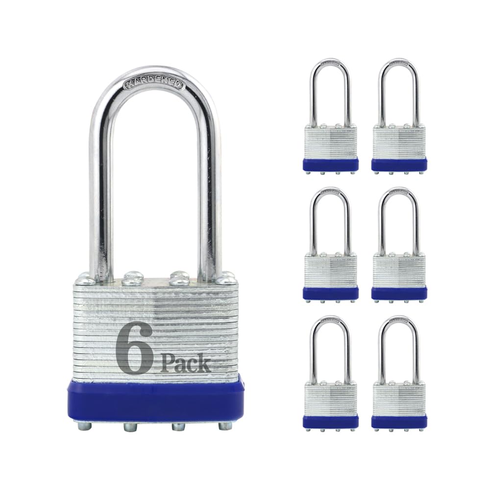 ZonRo Locks Laminated Steel Keyed Padlocks Keyed Alike Locks, Long Shackle Padlocks, for Hasp Latch, Sheds, Fences, Storage Locker, School, Gym，Pack of 6