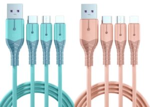 kuginma multiple charging cable,【2pack 5ft】 3 in 1 fast charger cable multiple usb cord super soft silicone with light design,compatible with ip/type-c/micro-usb, blue & pink