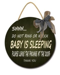 weytff baby sleeping sign for front door funny baby sleeping hanging sign plaque, do not knock or ring the bell, round wooden door hanger for baby room, nursery, front door, door knob decor 11"