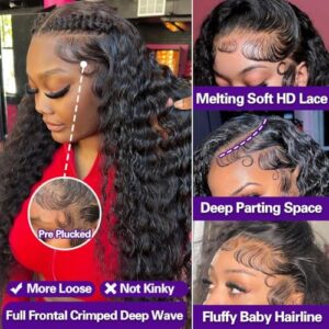 28 Inch Deep Wave Lace Front Wigs Human Hair 180% Density Curly Lace Front Wig Human Hair Wigs for Black Women 13x4 HD Lace Frontal Glueless Wigs Human Hair Pre Plucked With Baby Hair Natural Color