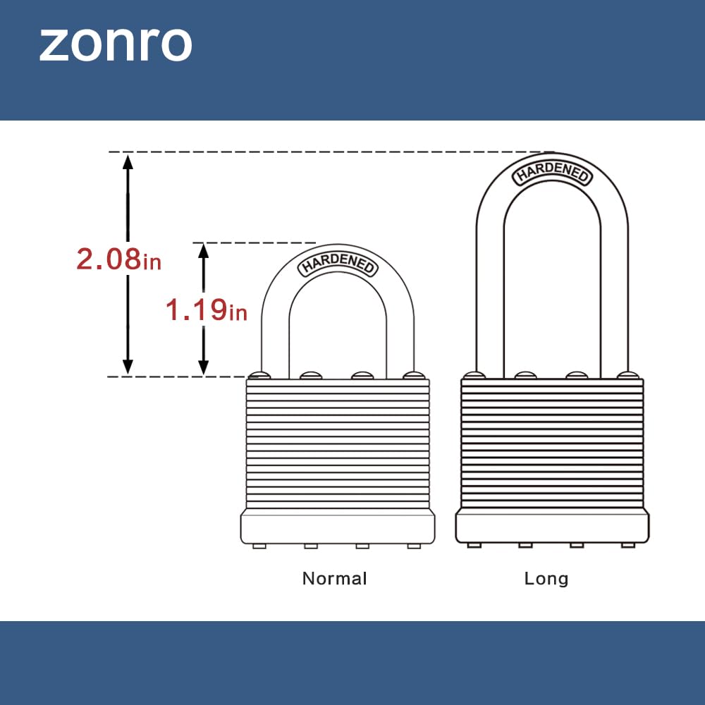 ZonRo Locks Laminated Steel Keyed Padlocks Keyed Alike Locks, Long Shackle Padlocks, for Hasp Latch, Sheds, Fences, Storage Locker, School, Gym，Pack of 6