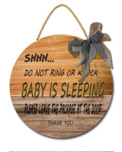 weytff baby sleeping sign for front door funny baby sleeping hanging sign plaque, do not knock or ring the bell, round wooden door hanger for baby room, nursery, front door, door knob decor 12"