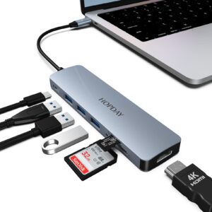 hopday usb c hub, usb c to hdmi 7 in 1 usb c dongle with 4k hdmi, 100w type c pd,3 usb 3.0 5gbps ports,sd/tf card reader multiport adapter for macbook ipad hp dell xps surface