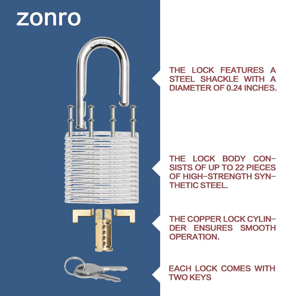 ZonRo Locks Laminated Steel Keyed Padlocks Keyed Alike Locks, Long Shackle Padlocks, for Hasp Latch, Sheds, Fences, Storage Locker, School, Gym，Pack of 6