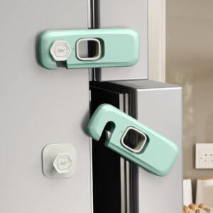 5 pack child proof refrigerator lock, qyeswhsr fridge locks for kids with sticky adhesive pads, child safety locks for doors, rv refrigerator, oven lock child safety baby cabinet locks - green updated