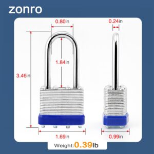 ZonRo Locks Laminated Steel Keyed Padlocks Keyed Alike Locks, Long Shackle Padlocks, for Hasp Latch, Sheds, Fences, Storage Locker, School, Gym，Pack of 6