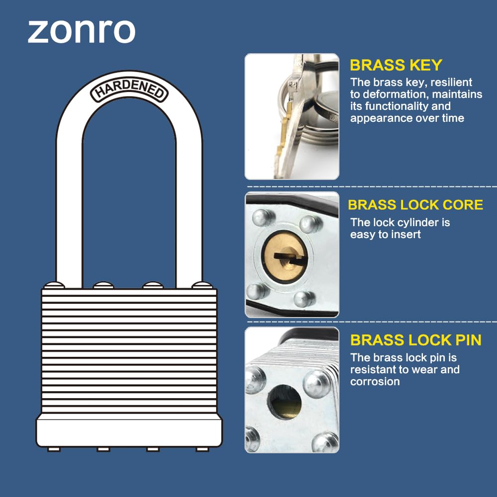 ZonRo Locks Laminated Steel Keyed Padlocks Keyed Alike Locks, Long Shackle Padlocks, for Hasp Latch, Sheds, Fences, Storage Locker, School, Gym，Pack of 6