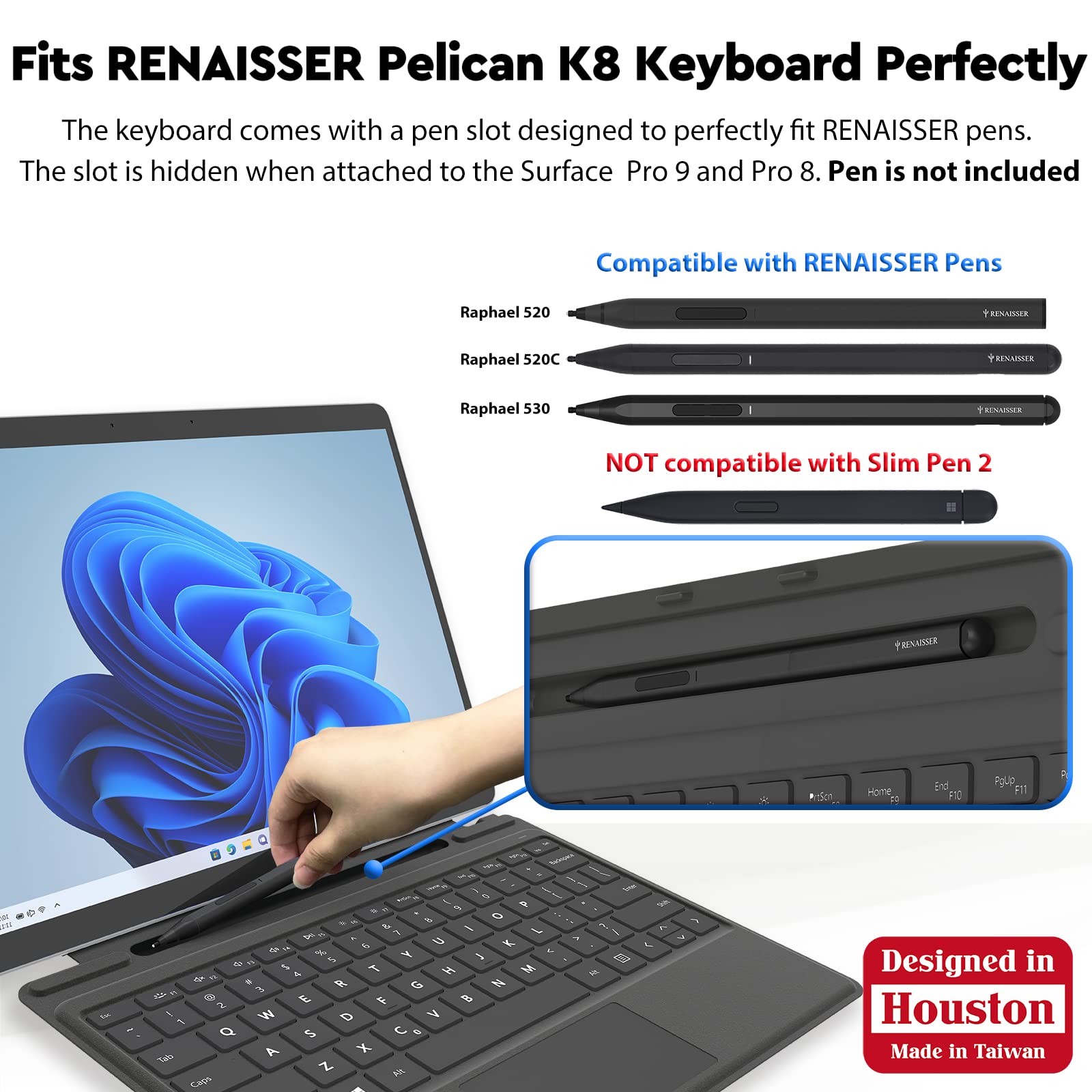 RENAISSER Pelican K8 Keyboard for Surface Pro 9/8/X, Designed in Houston, Hidden Charging Port, Pen Slot Pens, Smart Power Management, Backlight, Original Surface Pro Keyboard Layout