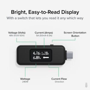 Plugable USB C Power Meter Tester for Monitoring USB-C Connections up to 240W - Digital Multimeter Tester for USB-C Cables, Laptops, Phones, Chargers - Driverless