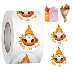 happy fall y'all label stickers roll, 1.5 inch 500 pcs thanksgiving autumn gnome floral leaves harvest party stickers，thank you stickers for envelope seals party gift favors box cards decorations