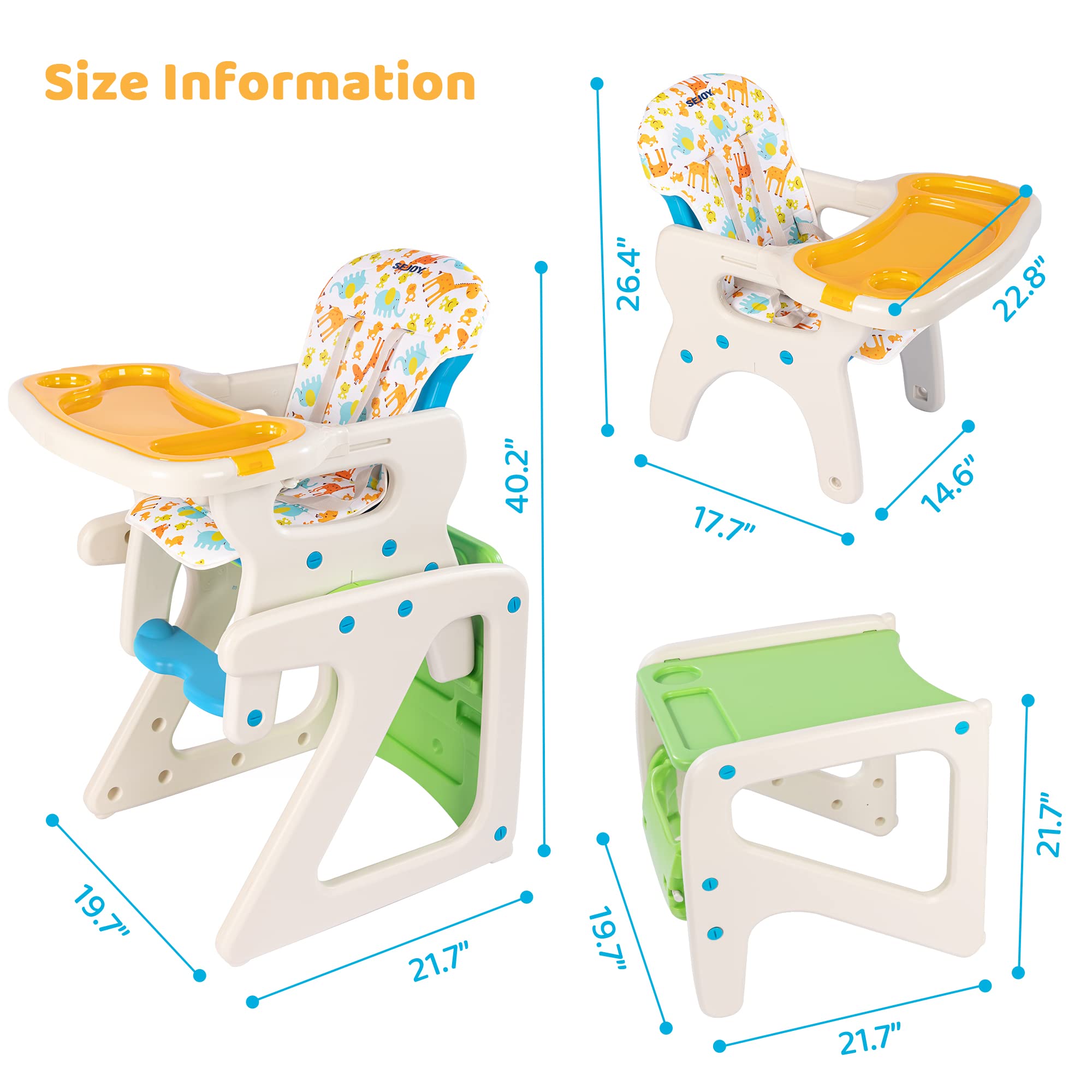 Baby High Chair, Toddler Chair Highchairs with Adjustable Seat Back Detachable Seat Cushion and Double Removable Tray for Baby Infants Toddlers, Easy to Clean, Green