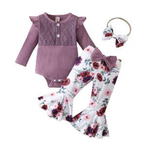 grnshts newborn baby girl clothes infant baby ruffle long sleeve romper+floral flare pants bell bottoms outfit(purple,0-3 months)