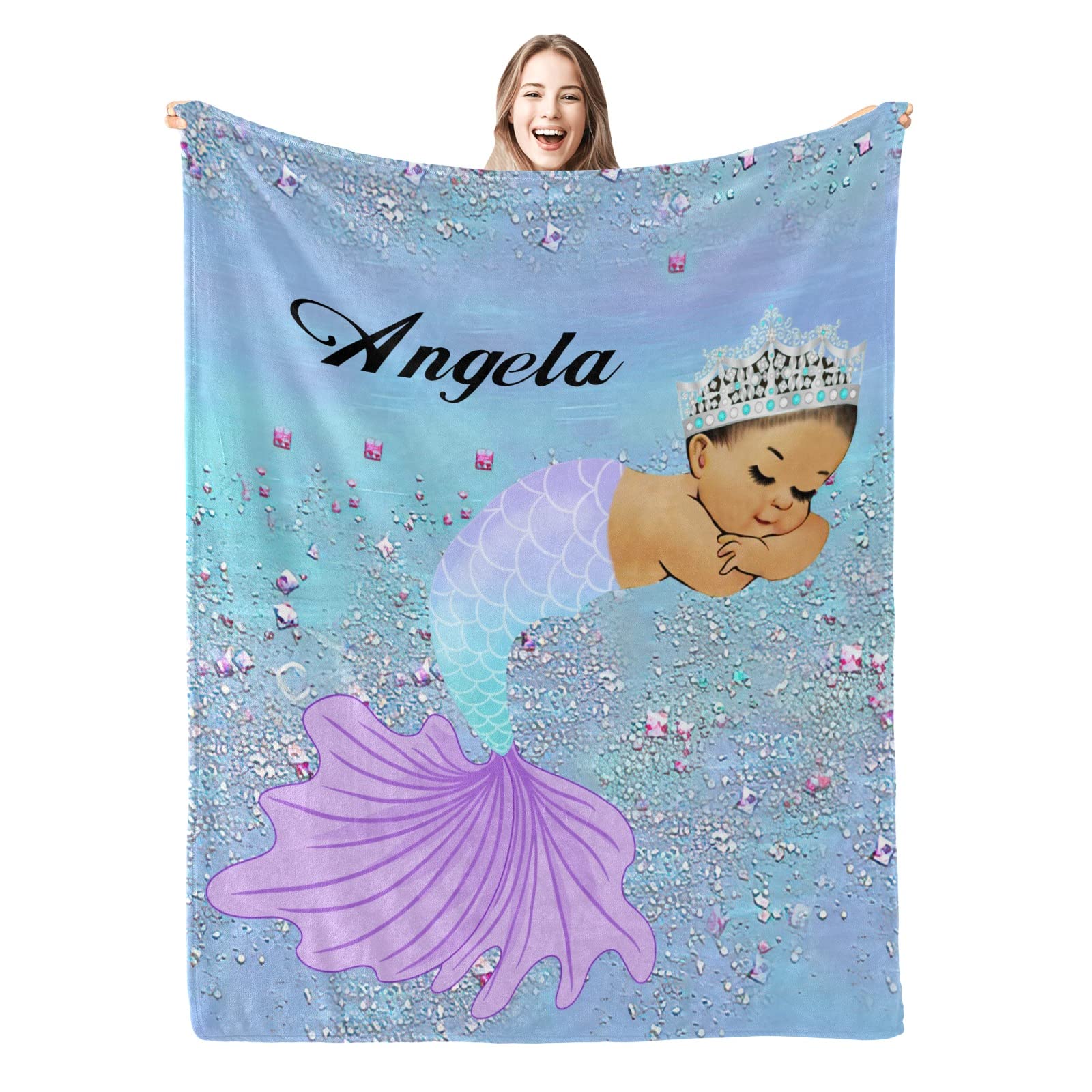 Cute African American Girl Mermaid Personalized Baby Blanke Name Soft Fleece Swadding Blankets Throw for Newborn Baby Girls Boys Pet Nursery 30'' x 40''