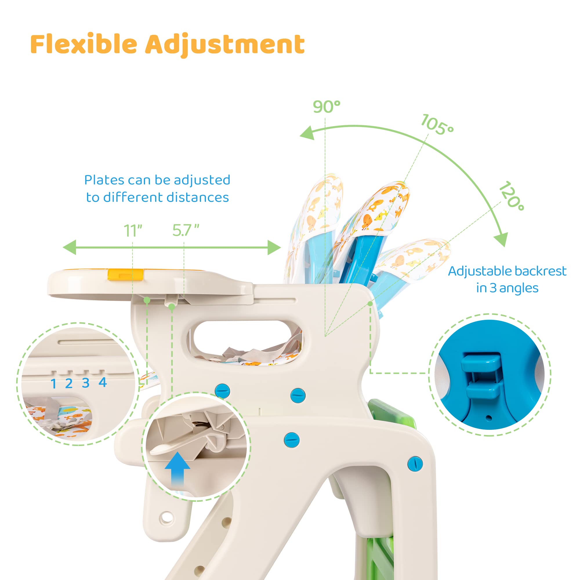 Baby High Chair, Toddler Chair Highchairs with Adjustable Seat Back Detachable Seat Cushion and Double Removable Tray for Baby Infants Toddlers, Easy to Clean, Green