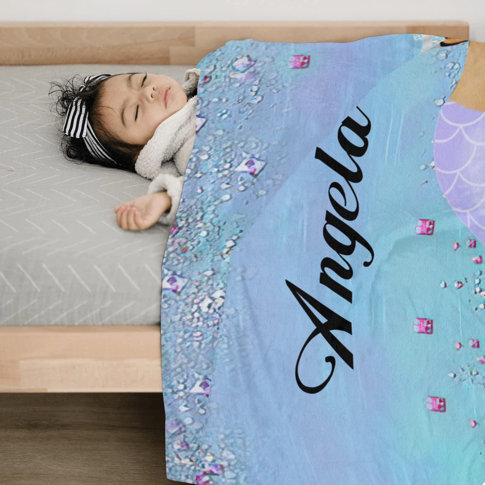 Cute African American Girl Mermaid Personalized Baby Blanke Name Soft Fleece Swadding Blankets Throw for Newborn Baby Girls Boys Pet Nursery 30'' x 40''