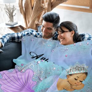 Cute African American Girl Mermaid Personalized Baby Blanke Name Soft Fleece Swadding Blankets Throw for Newborn Baby Girls Boys Pet Nursery 30'' x 40''