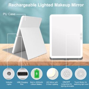 deweisn Folding Compact Lighted Makeup Mirror with 3 Colors Light,Rechargable 2000mA Batteries Mirror with Dimming,Lighted Mirror with PU Cover Leather