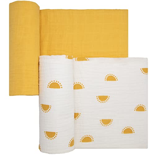 Muslin Swaddle Baby Blankets for Baby Girl or Boy, Soft and Breathable Oeko-Tex Cotton Muslin Baby Blanket, Newborn Swaddling Wrap, Receiving Blanket, 47 in x 47 in, Yellow Suns