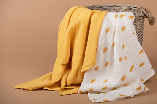 Muslin Swaddle Baby Blankets for Baby Girl or Boy, Soft and Breathable Oeko-Tex Cotton Muslin Baby Blanket, Newborn Swaddling Wrap, Receiving Blanket, 47 in x 47 in, Yellow Suns