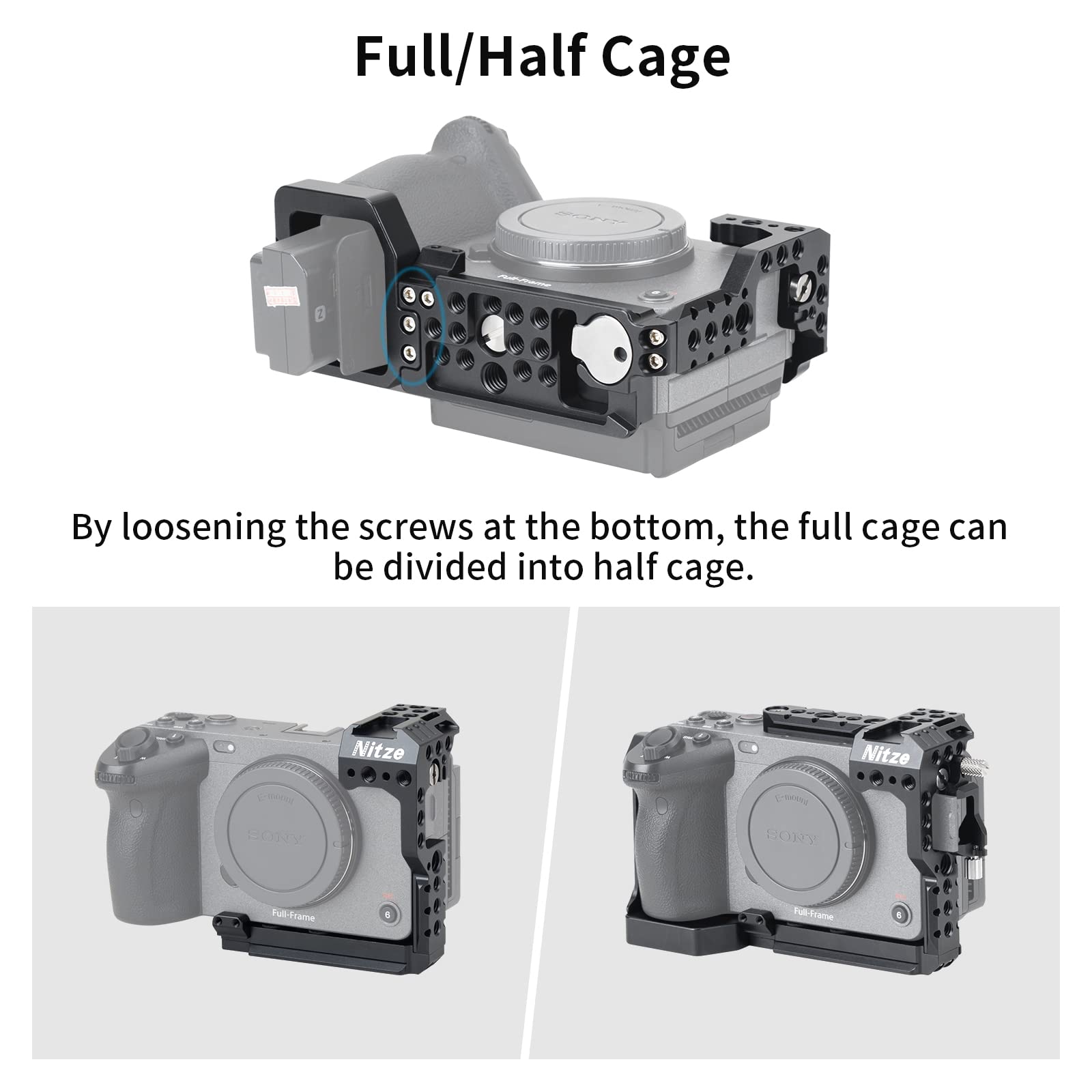 Nitze Camera Cage for Sony FX30 FX3 with HDMI Cable Clamp, NATO Rails and Built-in Arca Quick Release Plate, Interchangeable Full/Half Cage Compatible with Sony XLR Handle Unit- T-S03B