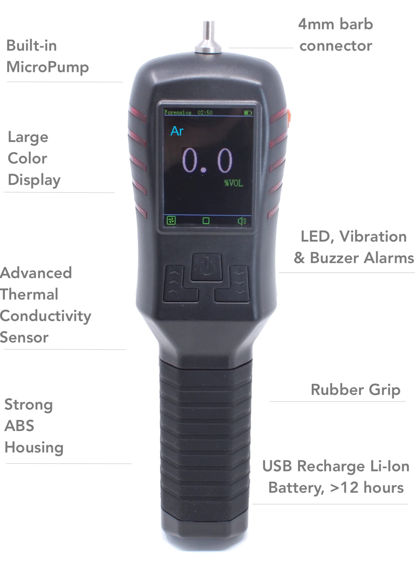 Argon Gas Analyzer | USA NIST Calibration | Built-in Pump & Probe | 0-100% with 0.1ppm Resolution | Leak Tester & Purity |