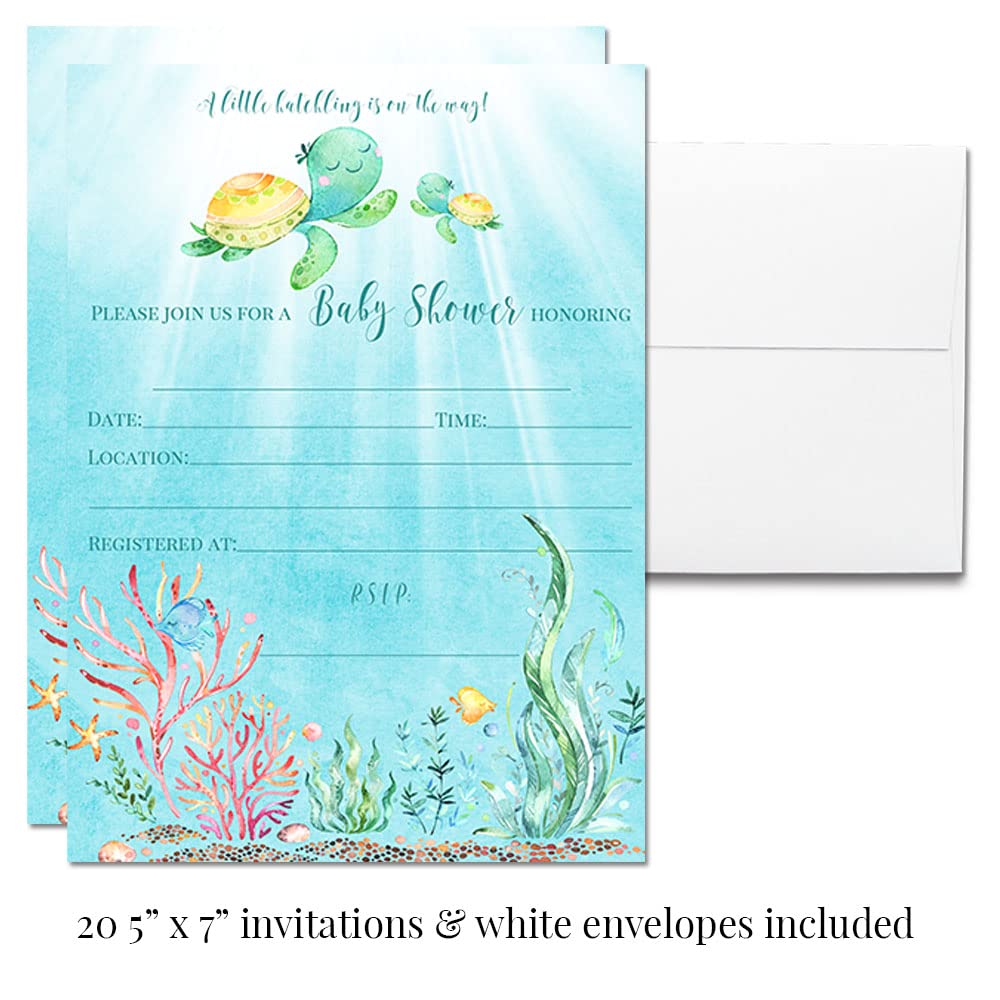 Little Hatchling Cute Sea Turtle Sea Life Baby Shower Party Bundle Includes 20 each of Invitations with Envelopes + 4 Different Sizes of Decorative Stickers, Diaper Tickets & Bring a Book Cards