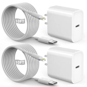 fast iphone charger, quick 10foot usbc wall charger phone charger 2pack 20w pd usb c fast charger block + 10ft lightning fast charging cable for iphone 14/pro/pro max/plus/13/12/11/xs/xr/x/se2022/ipad