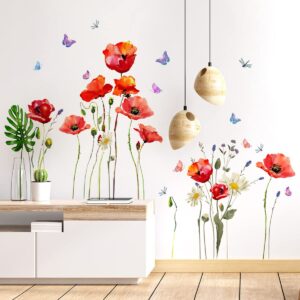 Red Poppy Flowers Wall Decals Daisy Floral Butterfly Wall Stickers DIY Removable Green Leaf Plant Flower Wall Art Decor for Kids Girls Bedroom Living Room Nursery Playroom Decoration DT-MS091