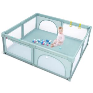 honey joy baby playpen, extra large baby gate playpen w/ 50 ocean balls, no gaps infant safety gates with breathable mesh & zippered door, indoor play yards for toddlers (rectangle, blue)