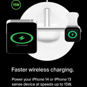 Belkin MagSafe Charger, 3-in-1 Wireless Charging Stand, 2ND GEN, 33% Faster for Apple Watch, iPhone 16, iPhone 15, iPhone 14 Series, AirPods - MagSafe Charging Station for Multiple Devices - White