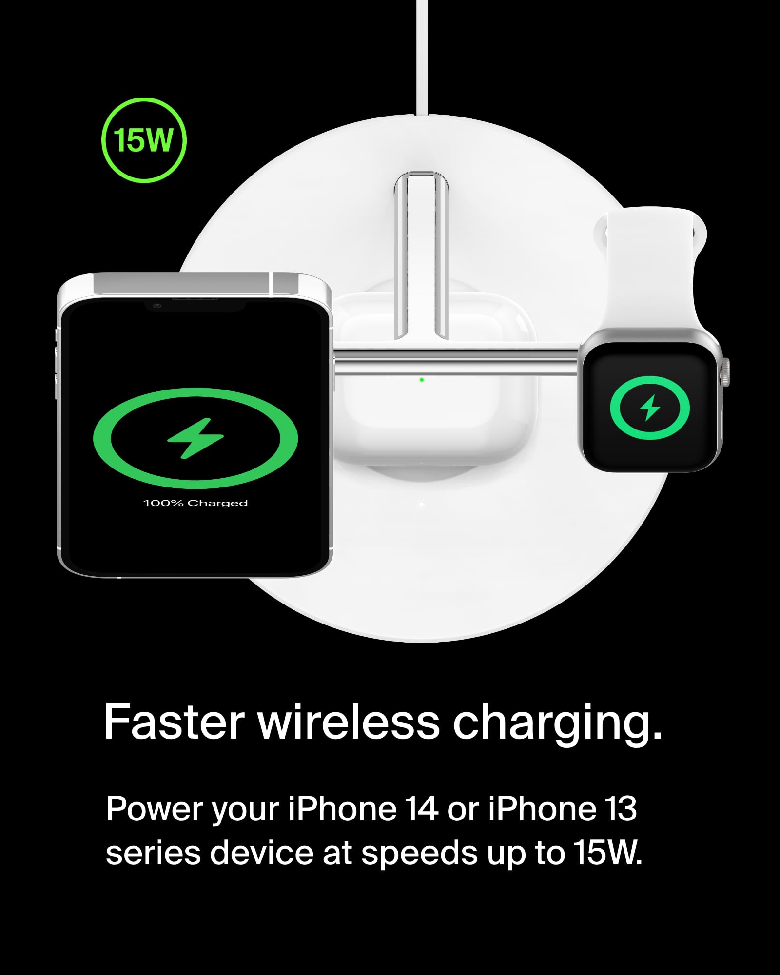 Belkin MagSafe Charger, 3-in-1 Wireless Charging Stand, 2ND GEN, 33% Faster for Apple Watch, iPhone 16, iPhone 15, iPhone 14 Series, AirPods - MagSafe Charging Station for Multiple Devices - White