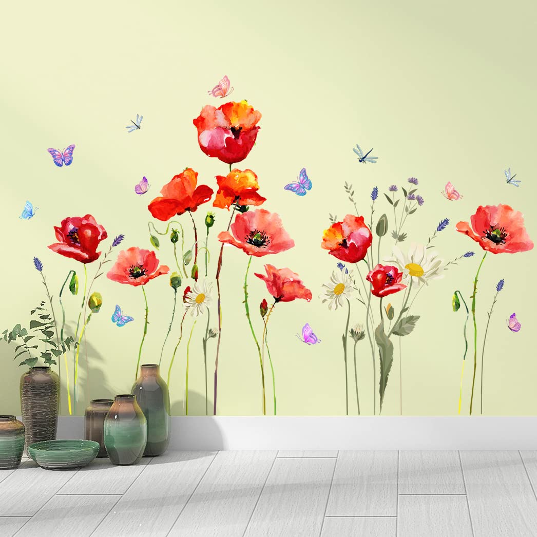 Red Poppy Flowers Wall Decals Daisy Floral Butterfly Wall Stickers DIY Removable Green Leaf Plant Flower Wall Art Decor for Kids Girls Bedroom Living Room Nursery Playroom Decoration DT-MS091