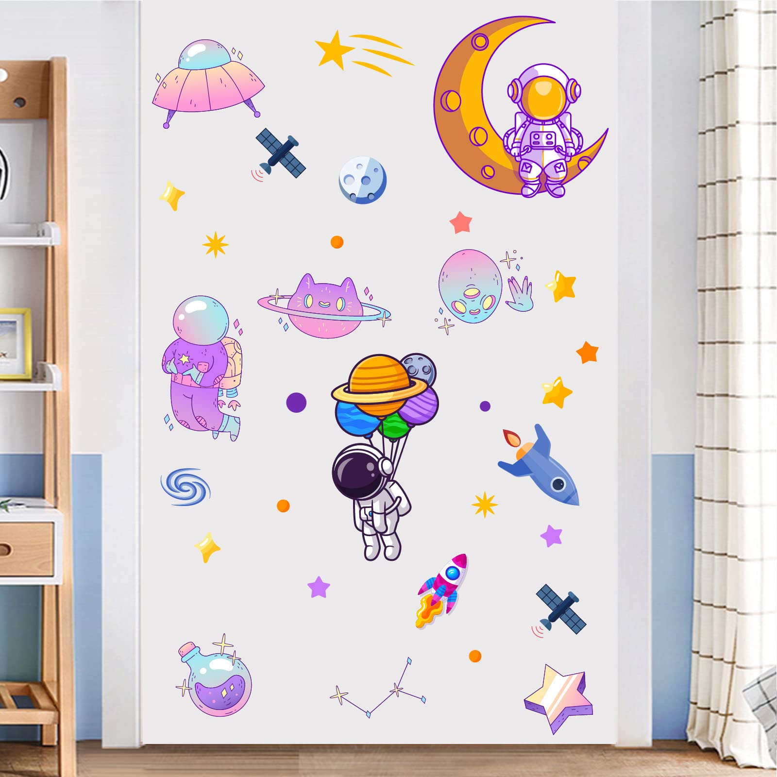 Astronaut Wall Stickers,Outer Space Stars Wall Decals, DIY Removable Large Wall Art Decoration,Peel and Stick, for Kids Baby Boys Girls Playroom Bedroom Decor