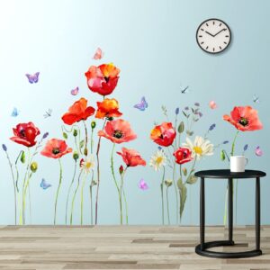 red poppy flowers wall decals daisy floral butterfly wall stickers diy removable green leaf plant flower wall art decor for kids girls bedroom living room nursery playroom decoration dt-ms091