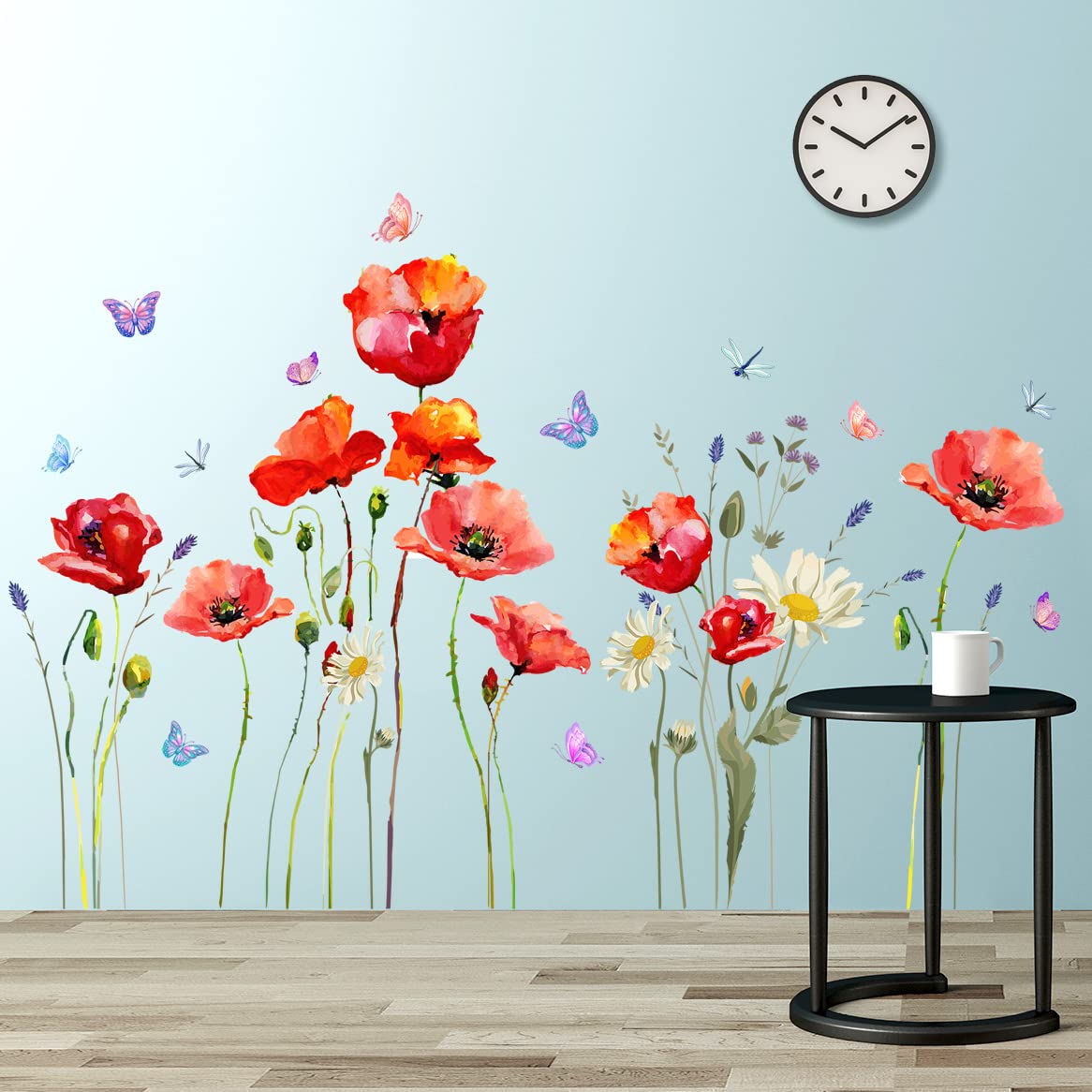 Red Poppy Flowers Wall Decals Daisy Floral Butterfly Wall Stickers DIY Removable Green Leaf Plant Flower Wall Art Decor for Kids Girls Bedroom Living Room Nursery Playroom Decoration DT-MS091