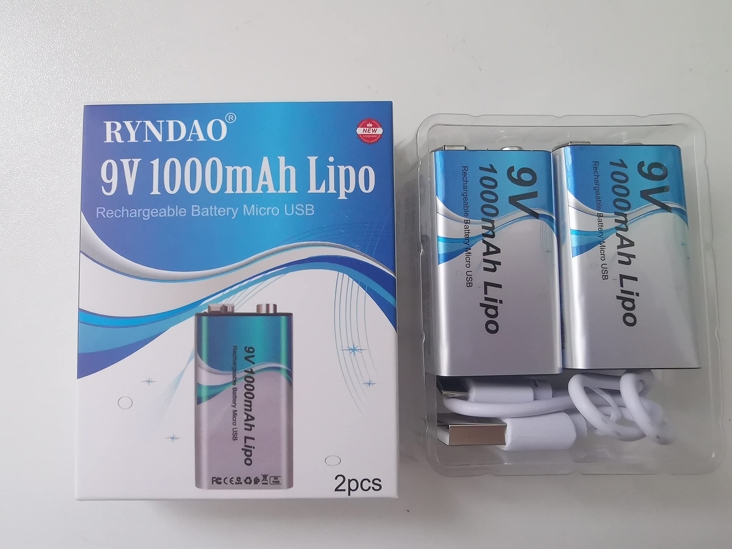 RYNDAO 9V Lithium Battery can Charge 1000 mAh, 2/Pack, 9V USB Fast Charging, Used for Microphone, Smoke Alarm, Electric Guitar, Metal Detector, multimeter, walkie Talkie, etc