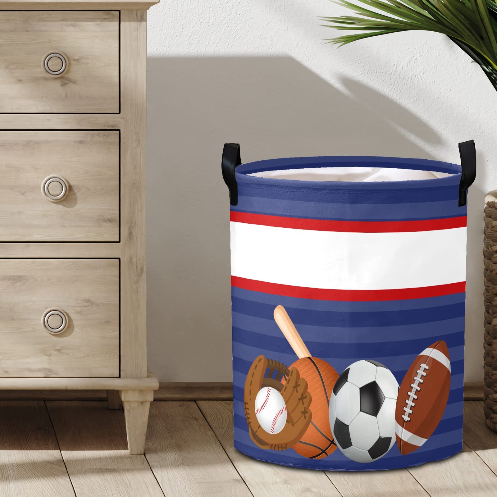 Personalized Laundry Basket Hamper,Sport Ball Striped,Collapsible Storage Baskets with Handles for Kids Room,Clothes, Nursery Decor